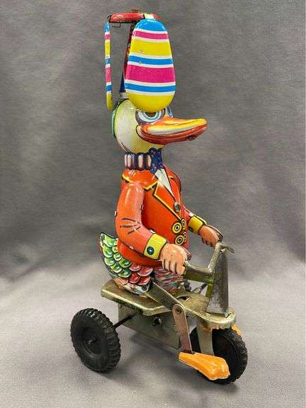 Tin Toy Mechanical Wind Up Circus Duck on Tricycle with Propeller Hat ...