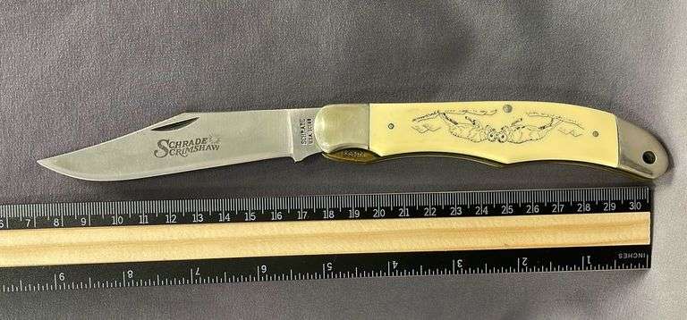 Schrade SC 500 Pocket Knife with Scrimshaw Handle and Leather Sheath ...