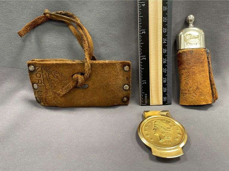 Gold Hued Bill Holder, Valet Brush in Leather Holder, and “Norlund ...