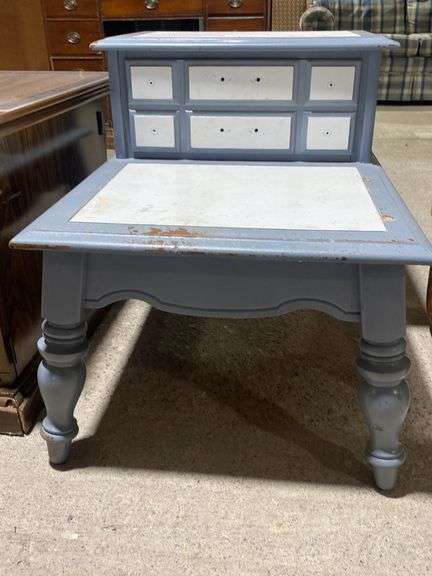 Blue & white side table 30”x 21”x 23.5”( paint scuffed) metal rack 16.5 ...