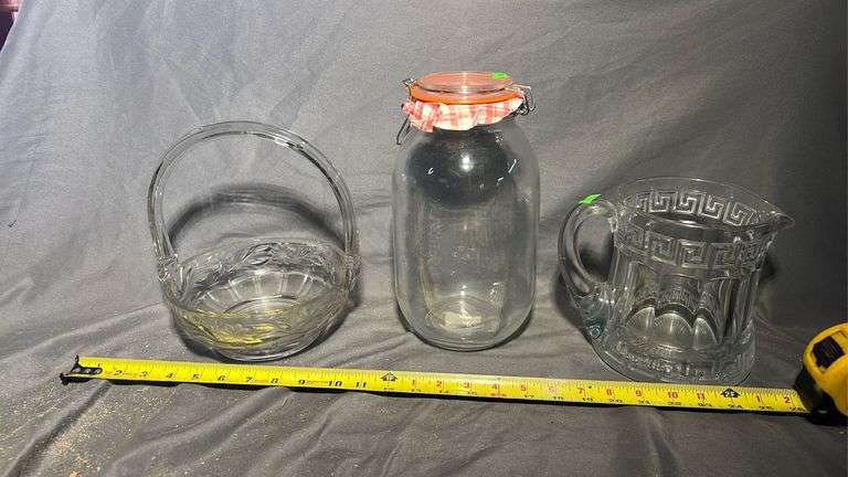 Hensley Glass Basket ,8.5”; Hensley Glass Pitcher , 6.5” ; 3 litter ...
