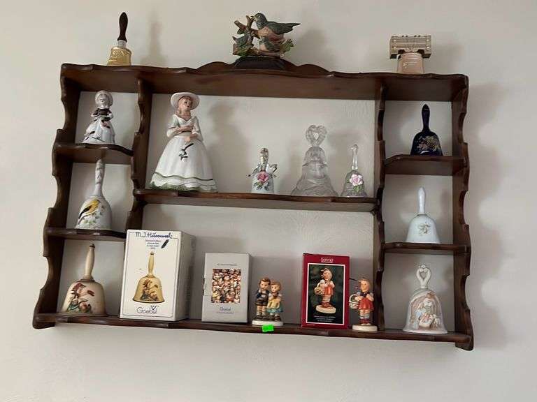 Hummel and schimd figurines, bell assortment, wood shelf 35x24 ...