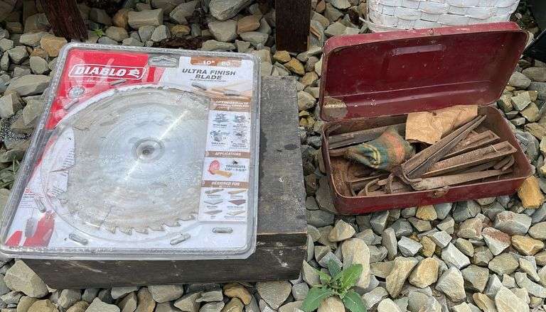 Diablo ultra finish blade 10”, Wood box with sandpaper, metal tool box ...