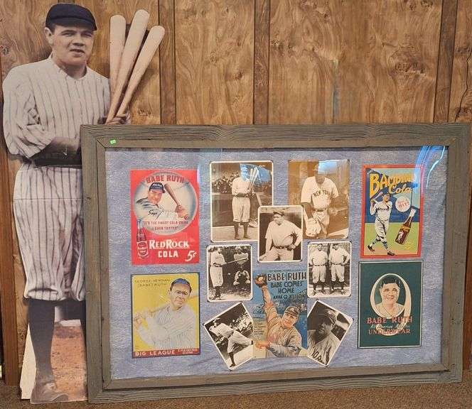 Babe Ruth framed display with Tin signs and photos, Cardboard cutout of ...