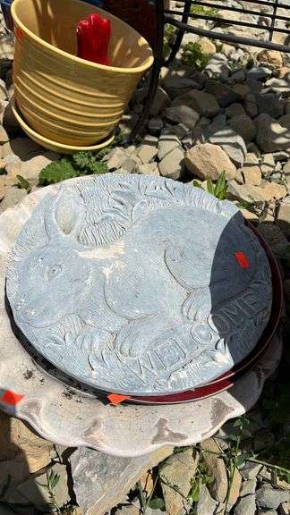 Plaster stepping stone, gnome wall hanging, (2) plates, bird bath ...
