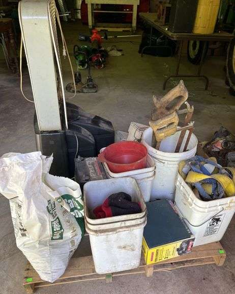 Box fan, TV, straps, saws, funnels, misc contents on pallet as shown in ...