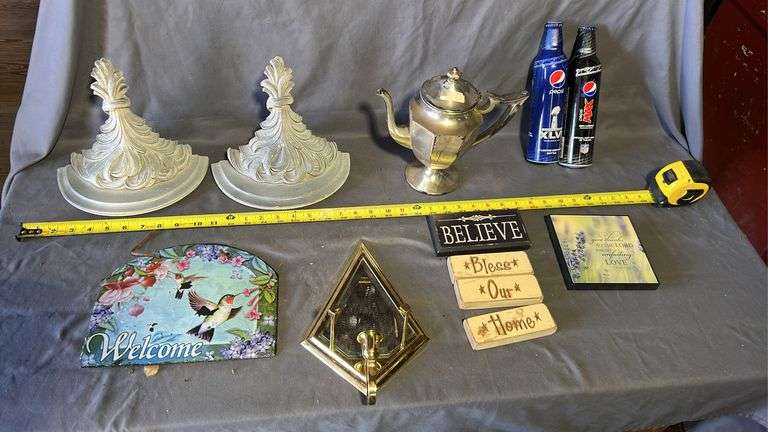 Painted Slate Welcome Sign , 2- matching wall shelves , metal pitcher ...