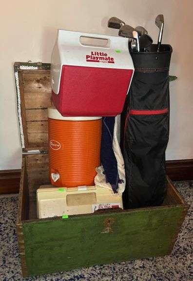 Wood box with coolers and golf clubs 27x17x16" - Metzger Property ...