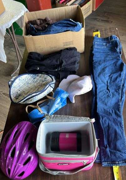 Bell Bicycle helmet , Sub zero cooler bag and thermos ,jeans size 8/ 29 ...