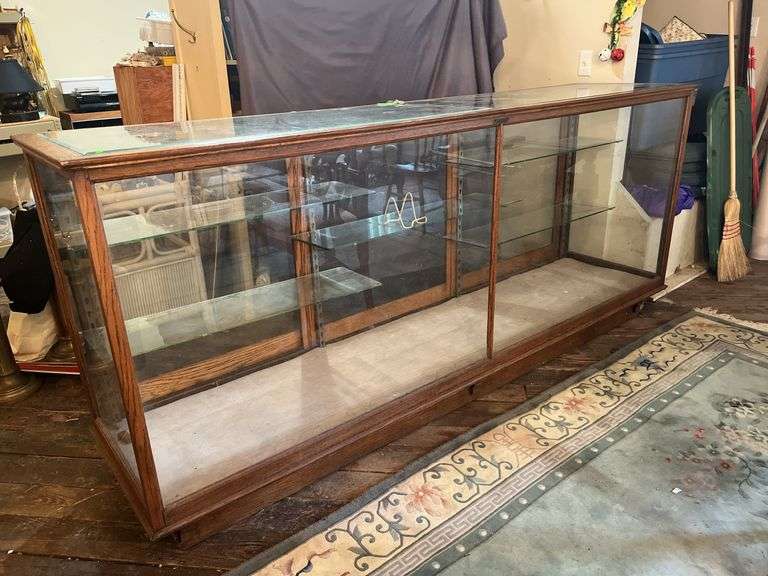 Deroit Store fixture Oak showcase with glass top and 3 sliding panel ...