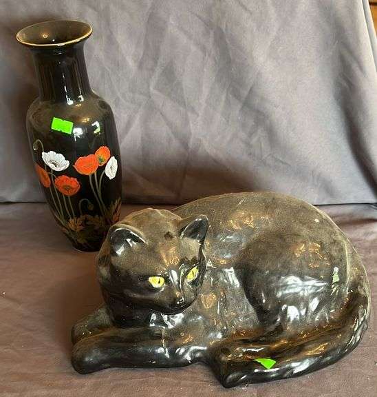 Cat Statue 13.5”x7” cracked & Asahi Poppy Design Vase 11” - Metzger ...