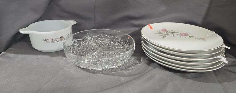 Castle court floral plates qty 6, crystal condiment divider, dish ...