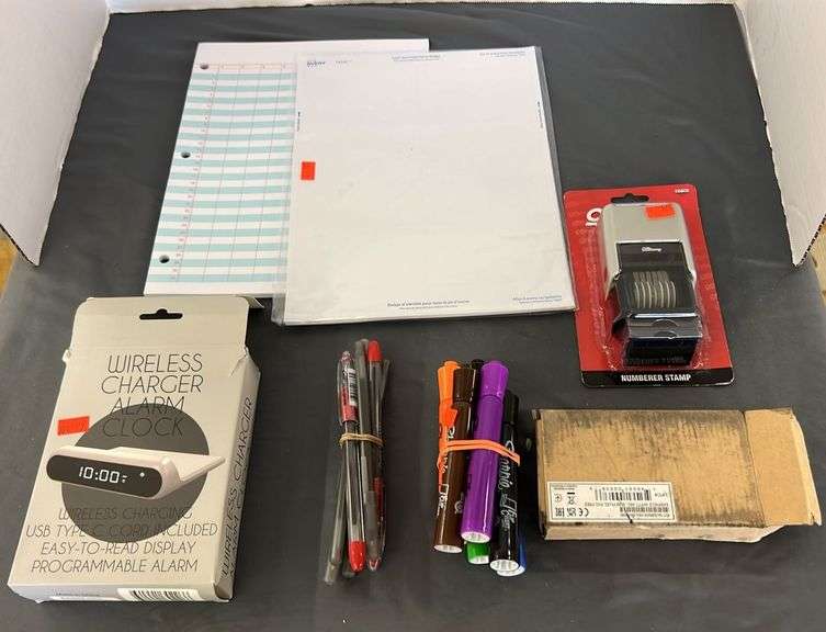 Wireless charger & alarm clock, pens, printable labels, Sharpie markers ...