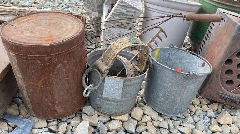3 Galvanized Buckets, Vintage Ceramic Electrical Insulators Assortment ...