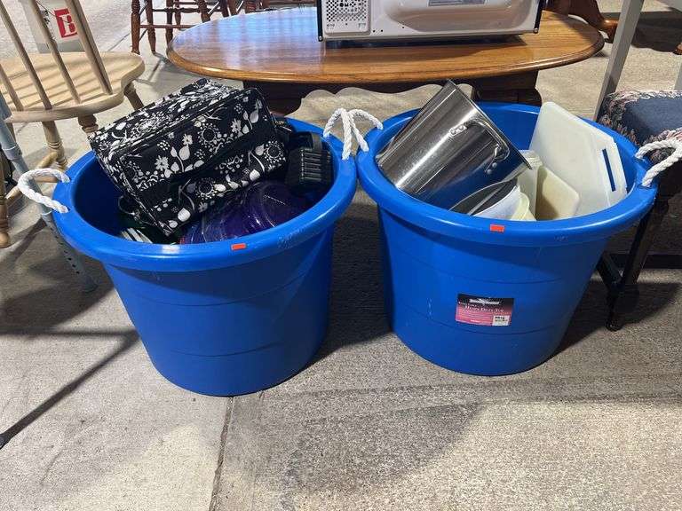 2 Extra Large Heavy Duty Tubs with Kitchenware Assortment Including ...