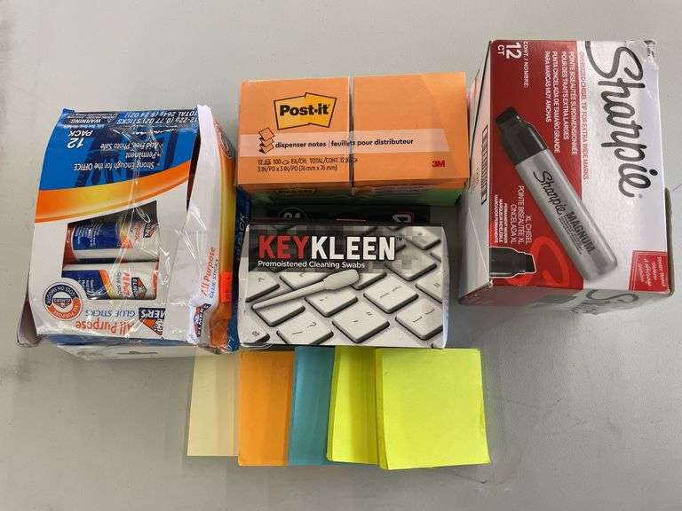 Sharpie markers, sticky notes, Keyboard cleaning swabs, elmers glue ...