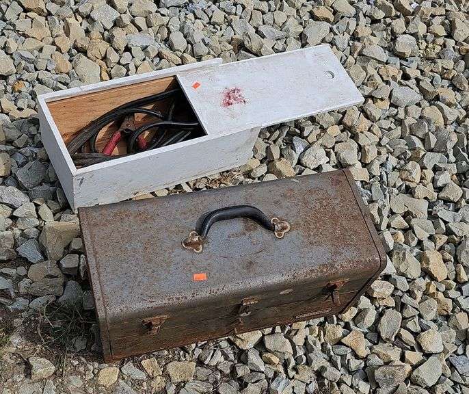 Jumper Cables in Wood Box 17”x8” & Large Metal Craftsman Tool Box with ...