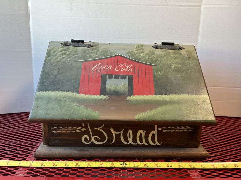 Wood bread box with Coca-Cola logo painted on it - Metzger Property ...