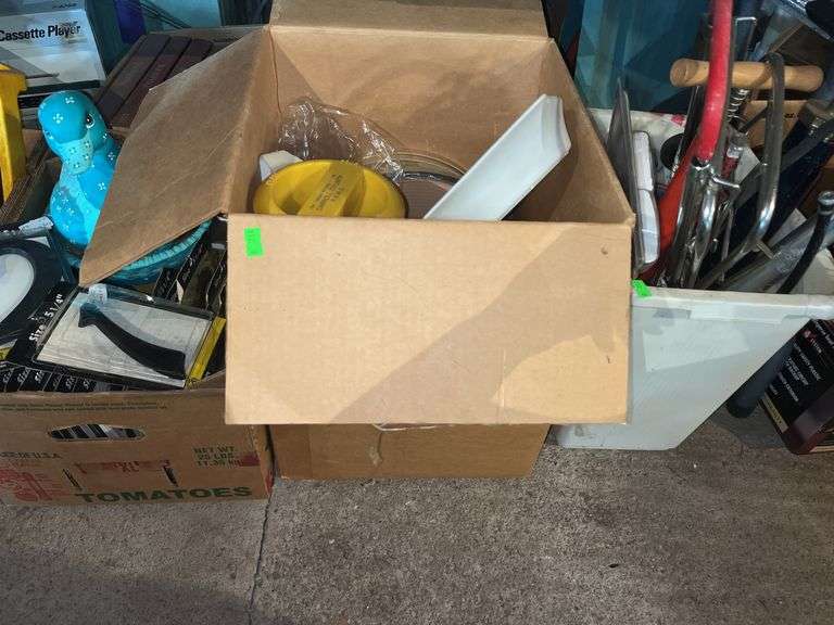 Ceramic goose, house numbers 5 1/4”, plastic containers including ...