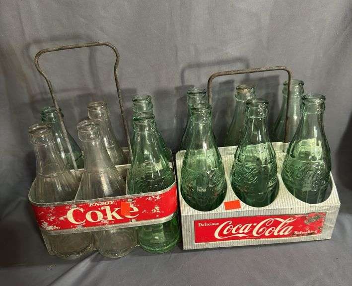 2 Tin Coca Cola Caddies inc. 1 Enjoy Coca-Cola with 12 Glass Bottles ...