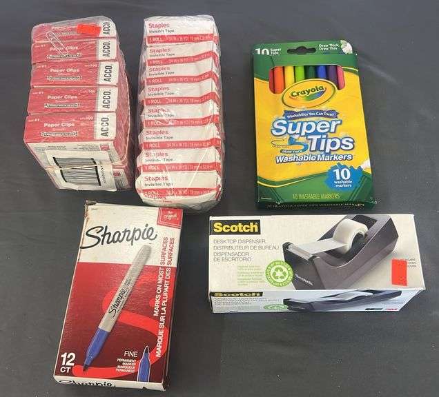 Scotch tape dispenser, blue fine tip sharpies, Crayola washable markers ...