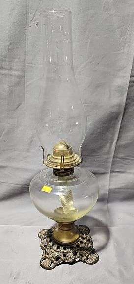 Vintage Queen Anne Oil Lamp Clear Glass Base Brass Wick Holder 6" x 19 ...