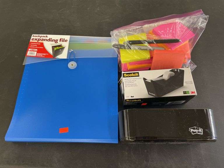 Scotch tape dispenser, desk organizer, pens, sharpie, sticky notes ...