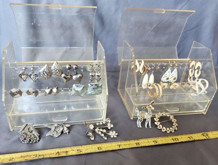2 Clear Jewelry Boxes with 14 pairs of costume earrings and 5 pins ...