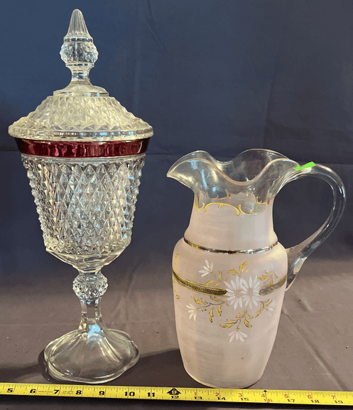 Ruby flash covered dish 16" and water pitcher with applique design 10 ...