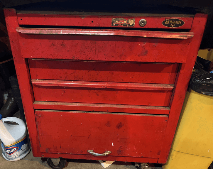 Williams roll around toolbox with contents inc. files, plumbing parts ...