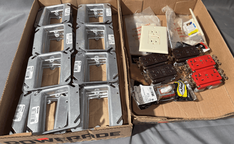 Electrical outlet boxes, 4-way switch, power outlets brown & red colors ...