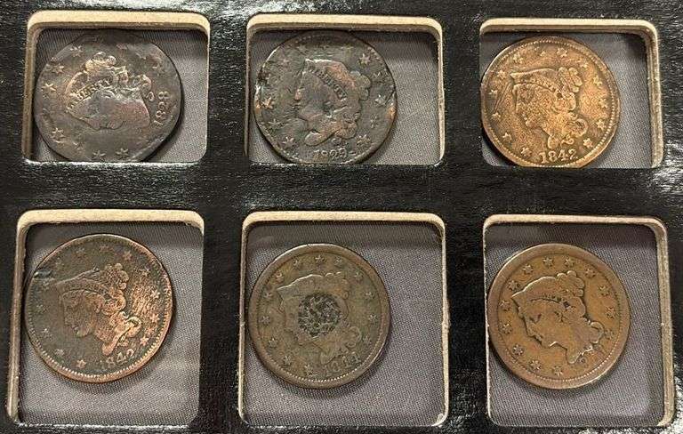 6- Large Cents (1838-1851) in case - Metzger Property Services, LLC