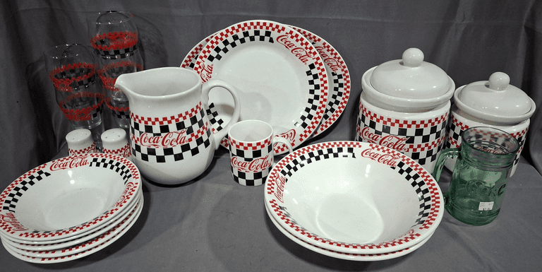 Coca-Cola Dish Set Inc. Pitcher, Canisters, Drinking Glasses, Plates ...