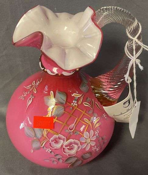 Fenton Pink Hand Painted Glass Pitcher, artist signed 5.5" - Metzger ...