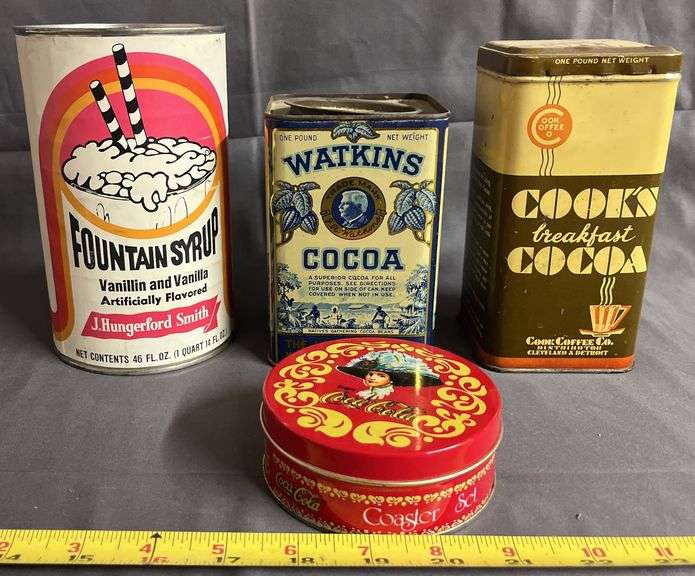 Fountain Syrup (full), Watkins Cocoa Tin (empty) and Coca-Cola Tin with ...