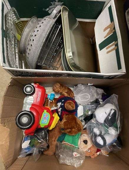 Enamel colander, baking sheet, children’s stuffed toy assortment ...