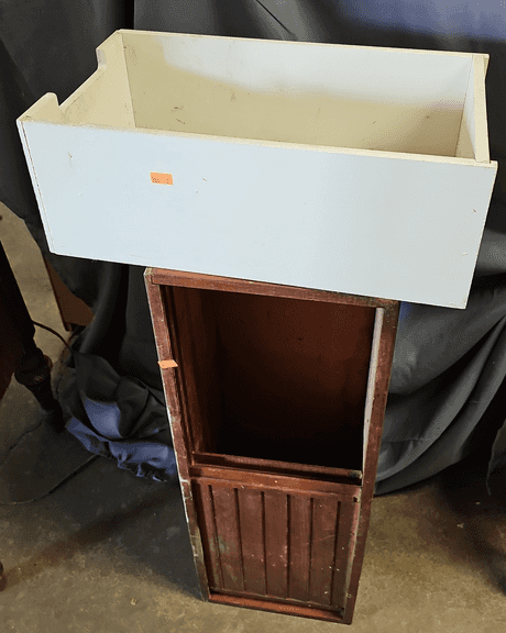 Fiberboard painted box 9x16x5" and wood cabinet with sliding doors ...