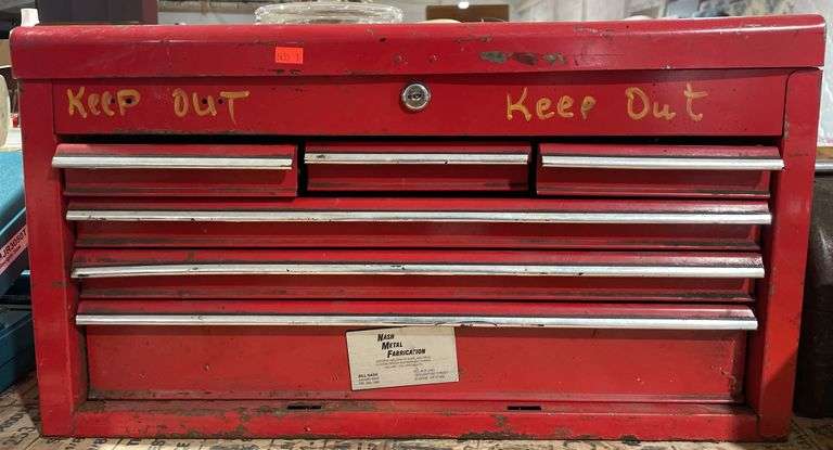 Metal tool box with contents including screwdriver, box cutter ...