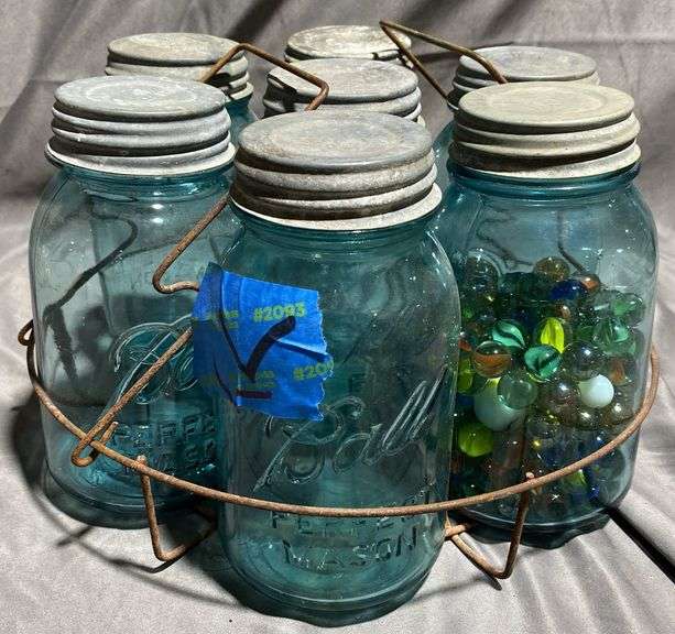 7 Blue Ball Jars w/ Zinc lids, canner rack & some marbles - Metzger ...