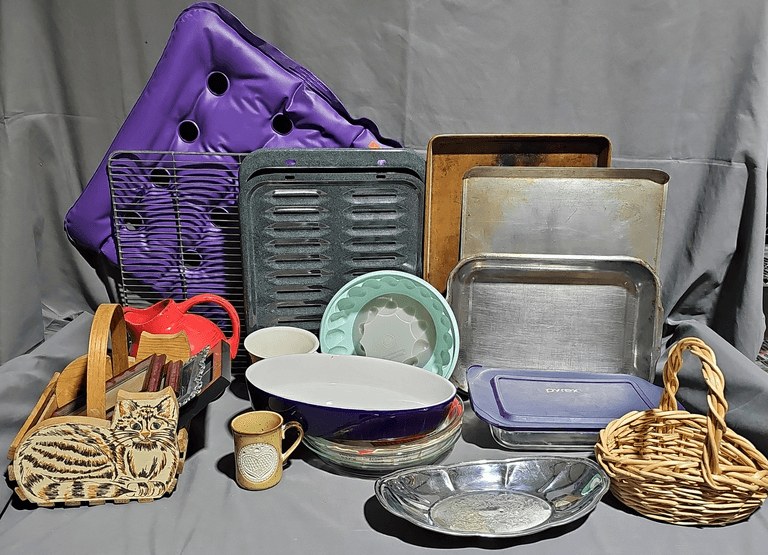 Woven Basket, TAG Water Pitcher, Mug, Pyrex Pie Plate, Bundt Pan, Cake ...
