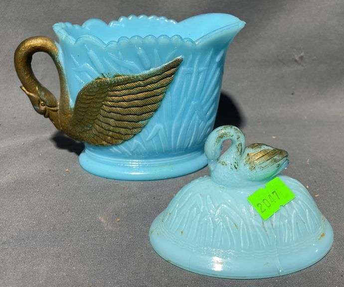 Blue and Gold Tone Swan Cattail Domed Glass Candy Dish 4”H - Metzger ...