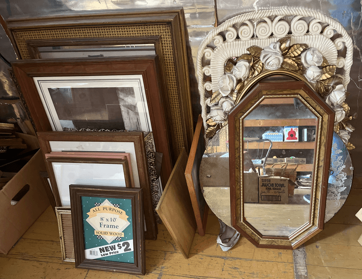 Picture frame assortment - some with prints, ornate framed mirrors ...