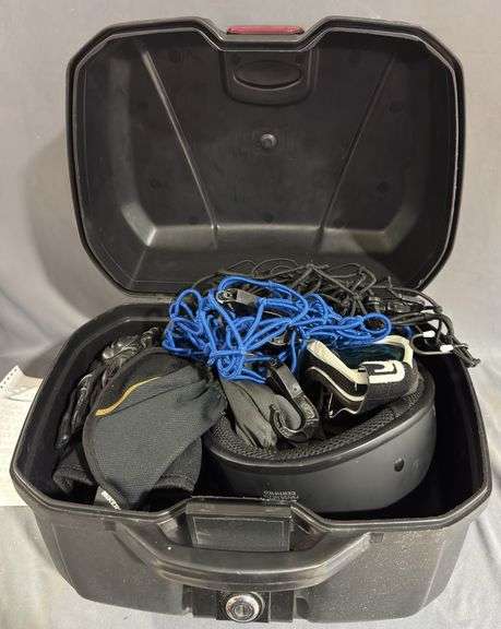 STLUN motorcycle trunk with contents including keys, locking cable with ...