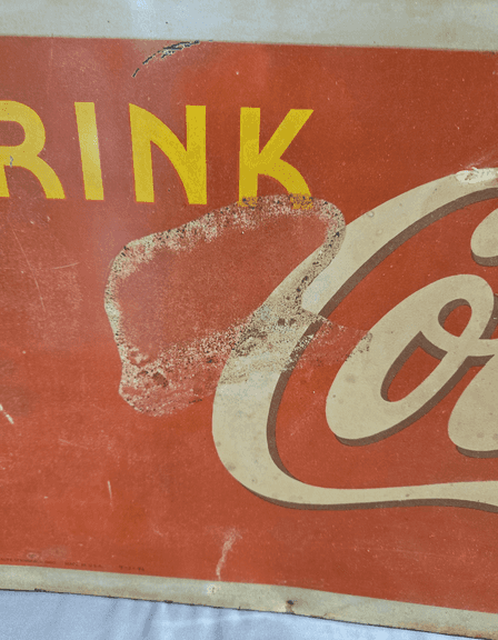 Drink Coca-Cola Metal Sign (Damage on Front) 34.5"x 11" Ht - Metzger ...