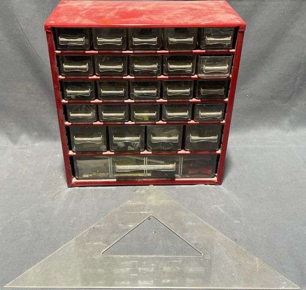Red Metal Storage Container with 25 Plastic Bins inc. Contents 12" x 6 ...