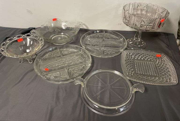 (2) Clear glass divided plates 10”, Fire King clear glass trivet 7 ...
