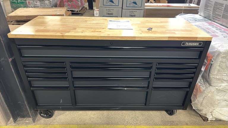 Husky 61 in. W x 23 in. D Heavy Duty 15-Drawer Mobile Workbench Tool ...