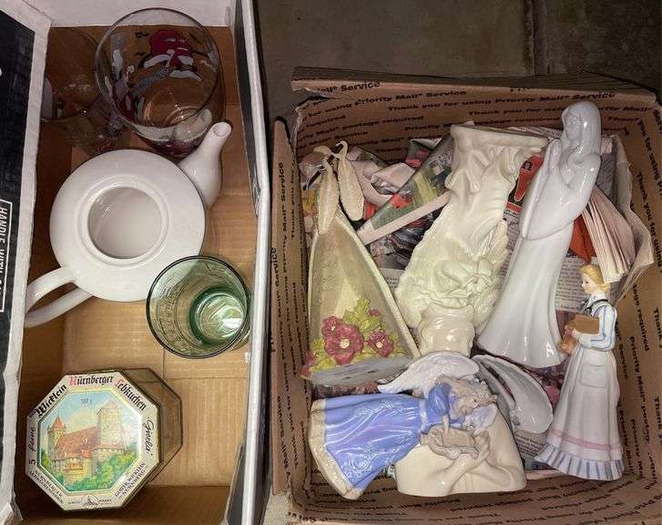 Angel figurine assortment, teapot, metal tin, glassware - Metzger ...