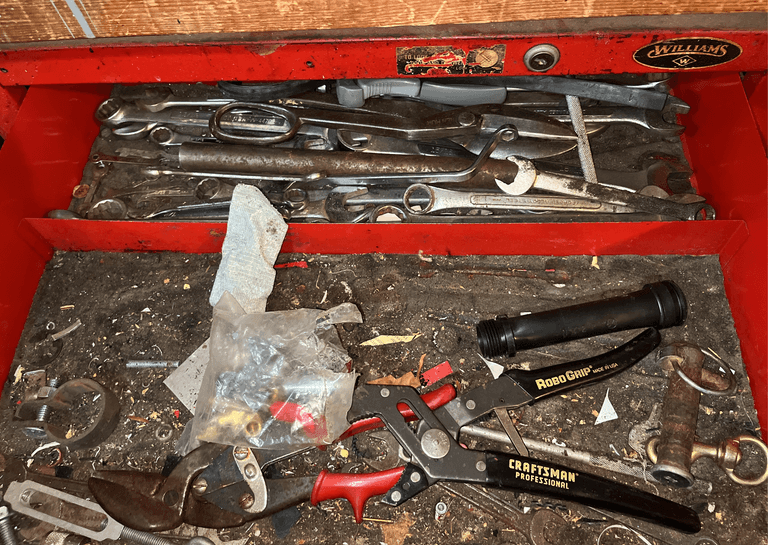 Williams roll around toolbox with contents inc. files, plumbing parts ...