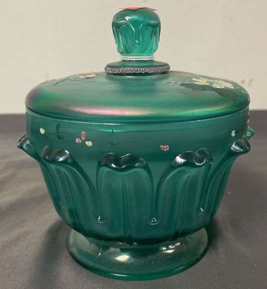 Fenton Blue Handpainted Carnival Glass Covered Candy Dish 6" - Metzger ...
